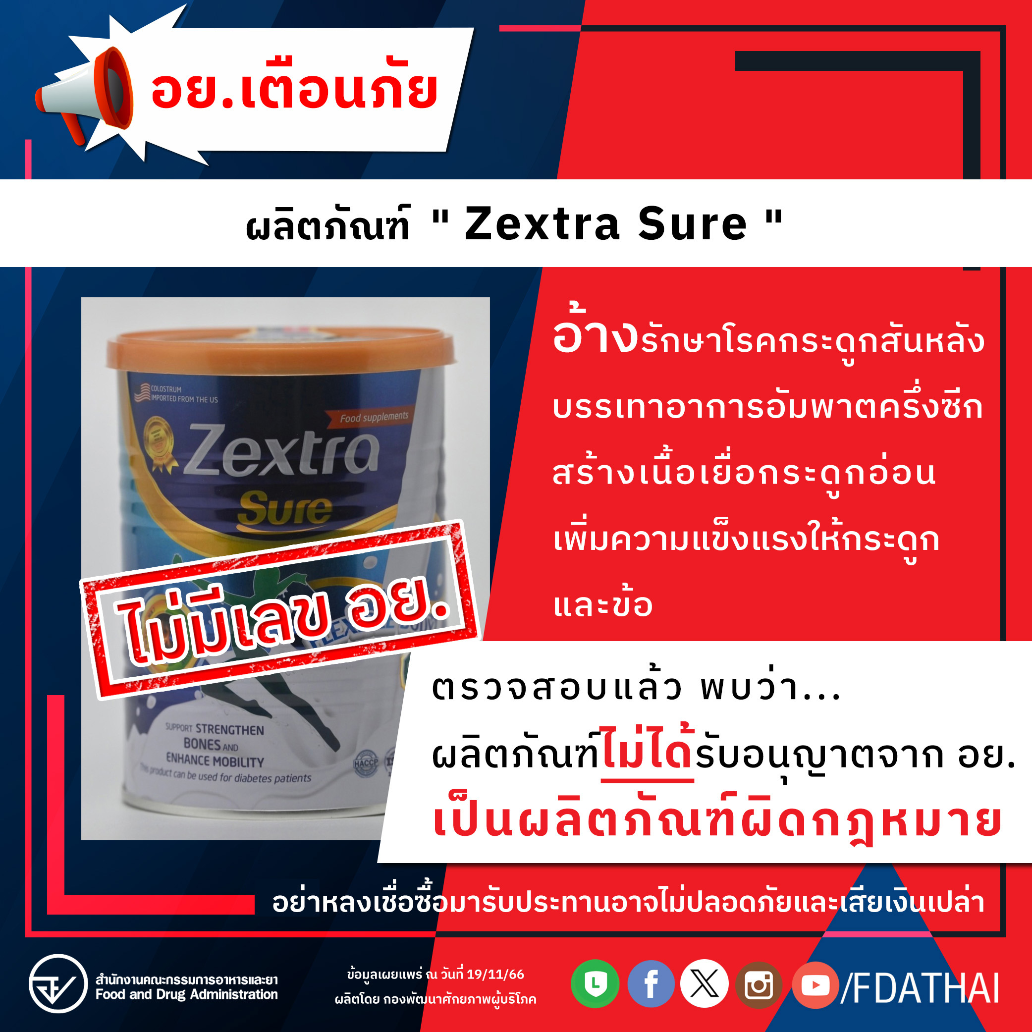 อย. เตือนผลิตภัณฑ์ Zextra Sure ไม่ขออนุญาตผลิตภัณฑ์และโฆษณาเกินจริง